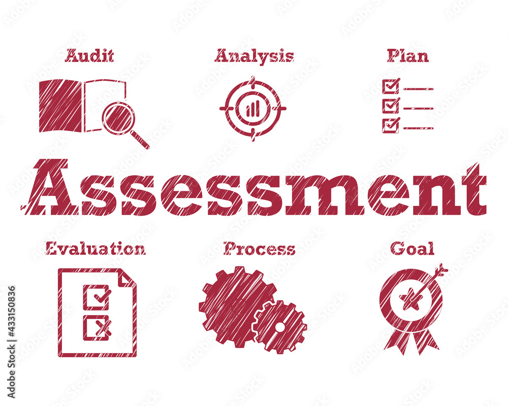 assessment typography lettering text around business icons white ...