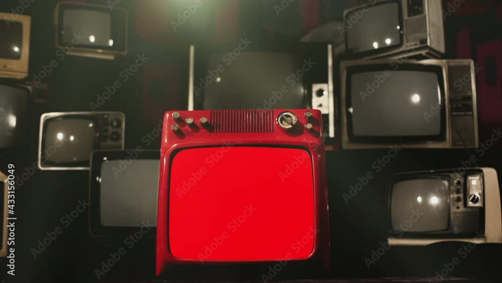 Old TV Set with Red Screen and Many Retro TVs appearing from Background ...