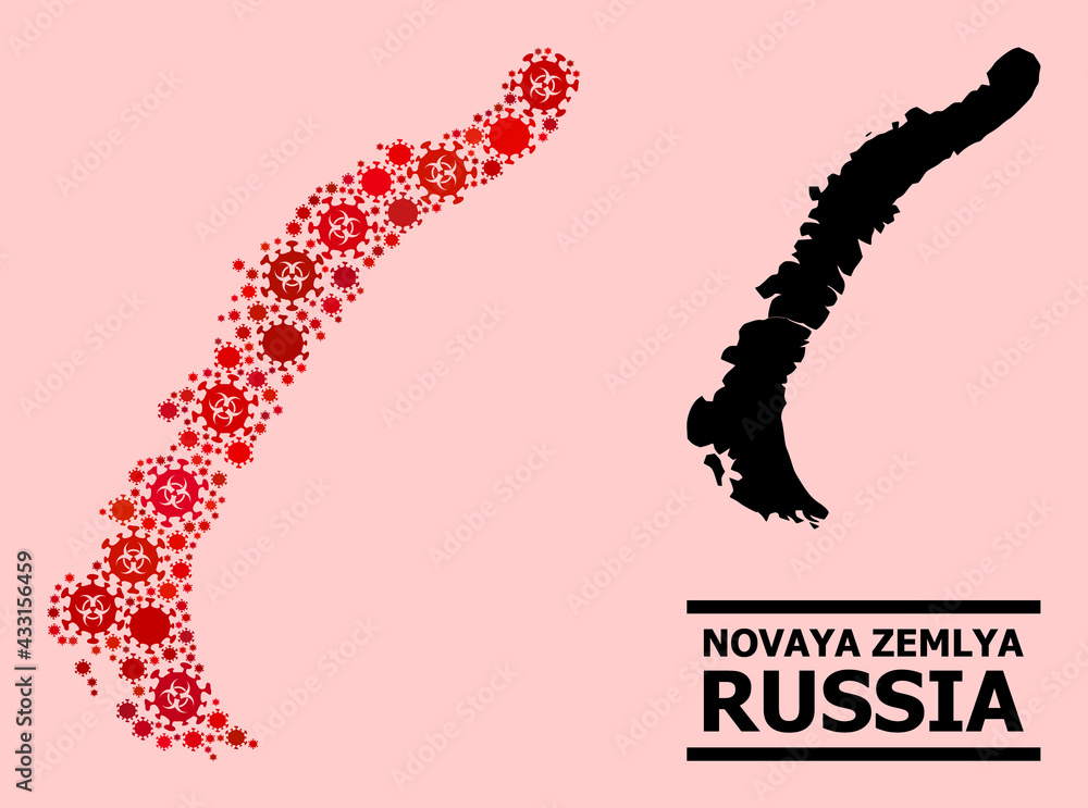 Vector covid-2019 collage map of Novaya Zemlya Islands created for vaccination applications. Red ...