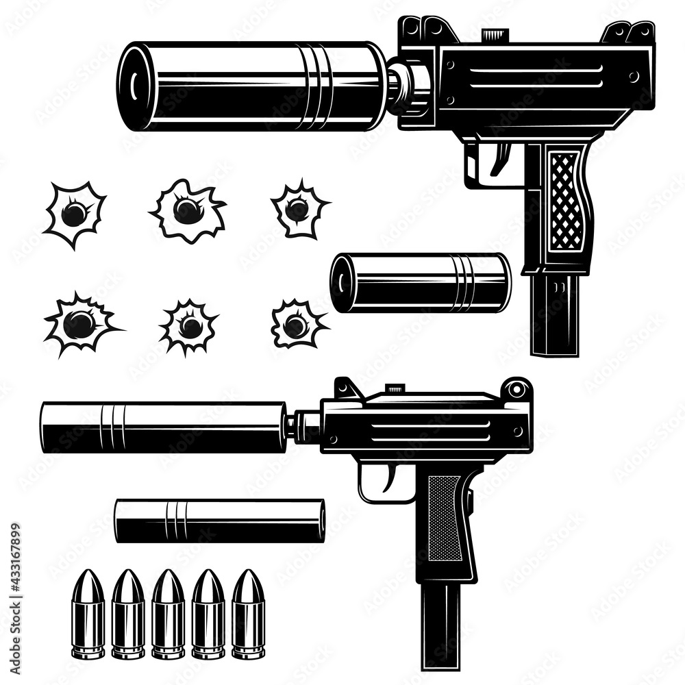 Set of uzi submachine gun, bullets, bullet holes, mufflers. Design ...