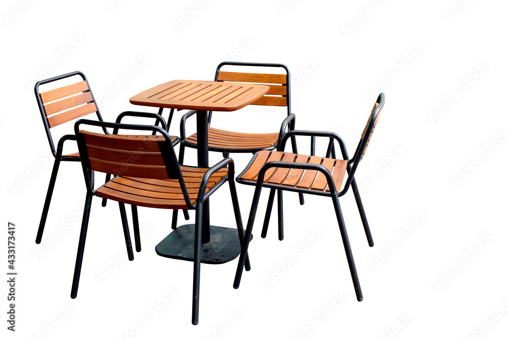 Chair and table set, outside. Wooden garden furniture, modern table and ...