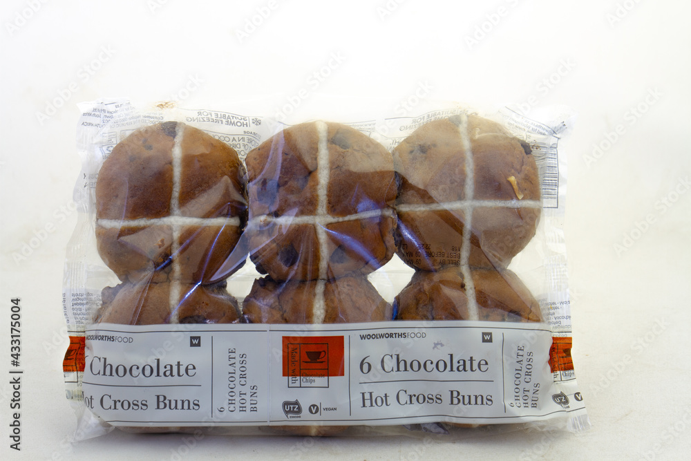 Johannesburg, South Africa - a packet of six chocolate hot cross buns ...