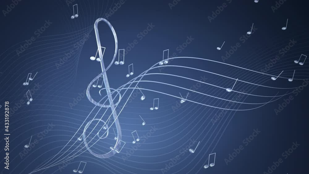 Rotating Musical Notes and Treble Clef on the blue background, loop ...