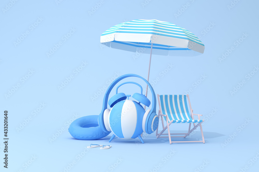 Conceptual scene of blue alarm clock with headphone on inflatable ball ...