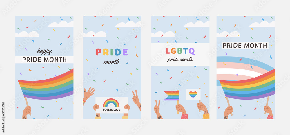 Vector Banner Template Set with LGBTQ people holding flags and placards ...