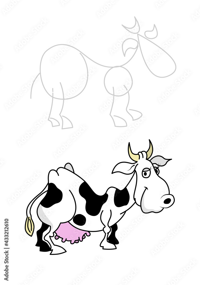 Cute funny cow character smiling with sketch drawing construction ...