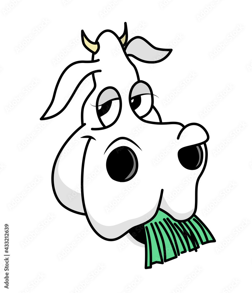 Cute funny cow character head, face eating grass, herb and smiling ...
