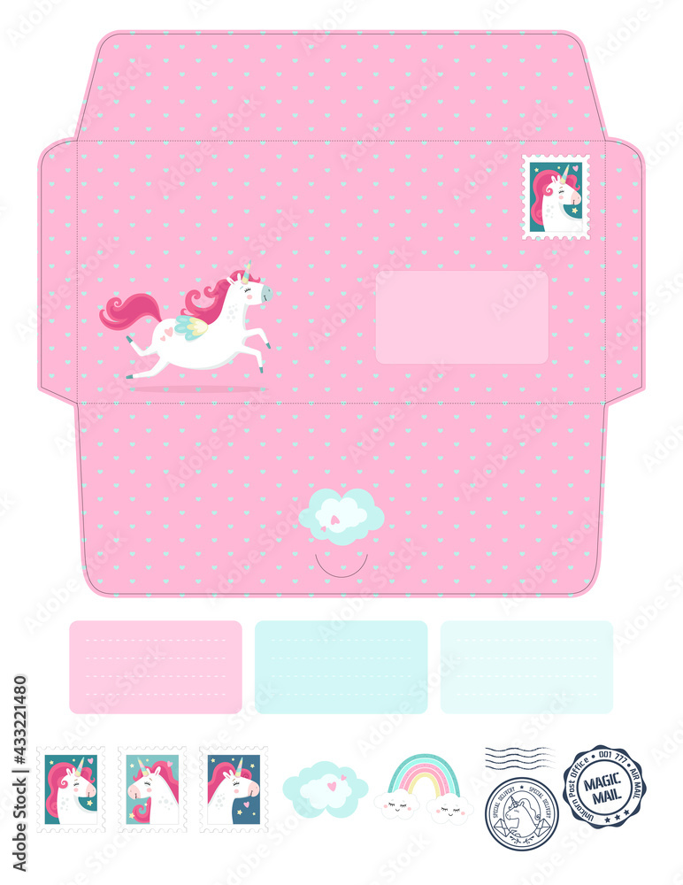 Magic vector die laser cut envelope template with unicorns. Fantasy and lovely set. Cute ...