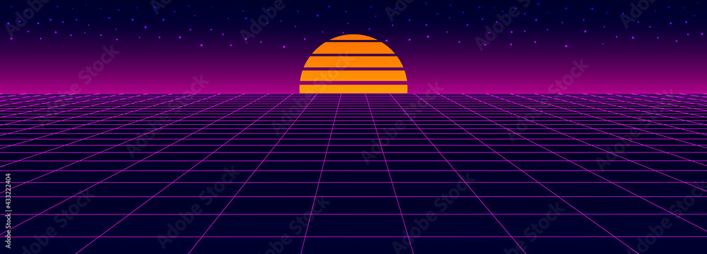 80s futuristic retro landscape. Retrowave, cyberneon. Laser mesh ...