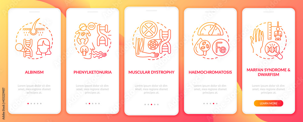 Most Common Genetic Disorders Red Onboarding Mobile App Page Screen With Concepts Illness