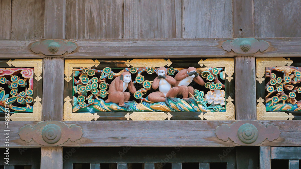 Nikko, Japan. The original image of the three wise monkeys "don't see ...