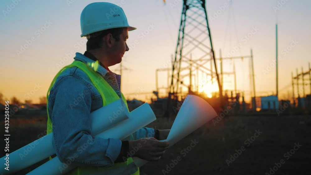 Architect Worker Checking Construction Project On Electric Tower. One ...
