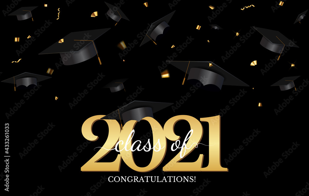Graduation class of 2021 with graduation cap hat and confetti. Vector ...