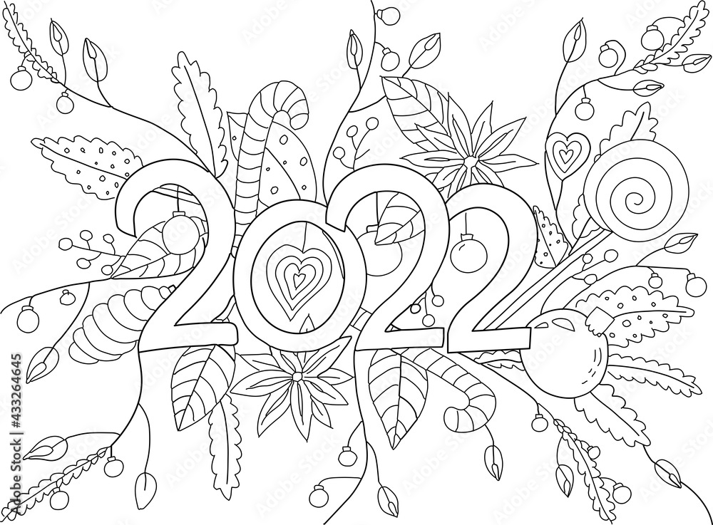 Hand drawing coloring page for kids and adults. Holiday greeting New ...