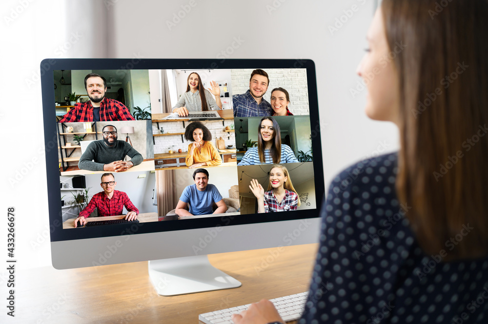 Conference, morning meeting online. A young woman is using laptop for ...