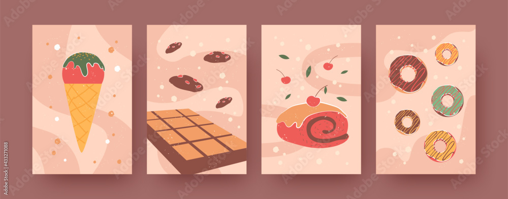 Set of contemporary posters with chocolate, ice cream and donuts ...