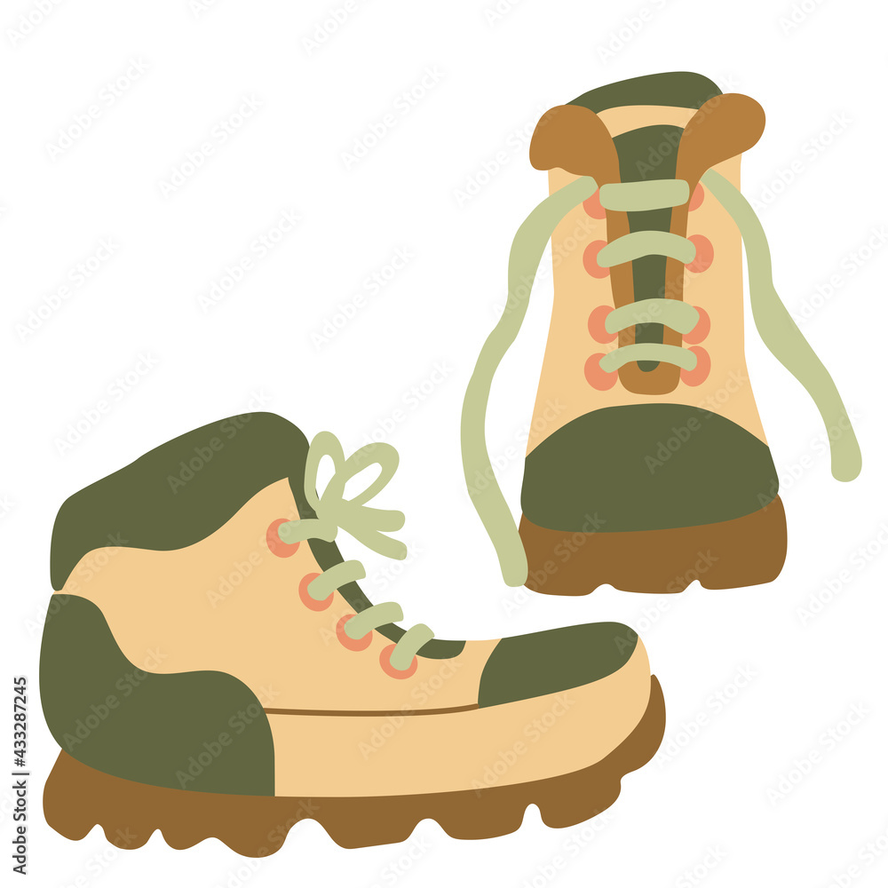 Hand drawn flat vector illustration of hiking boots isolated on white ...