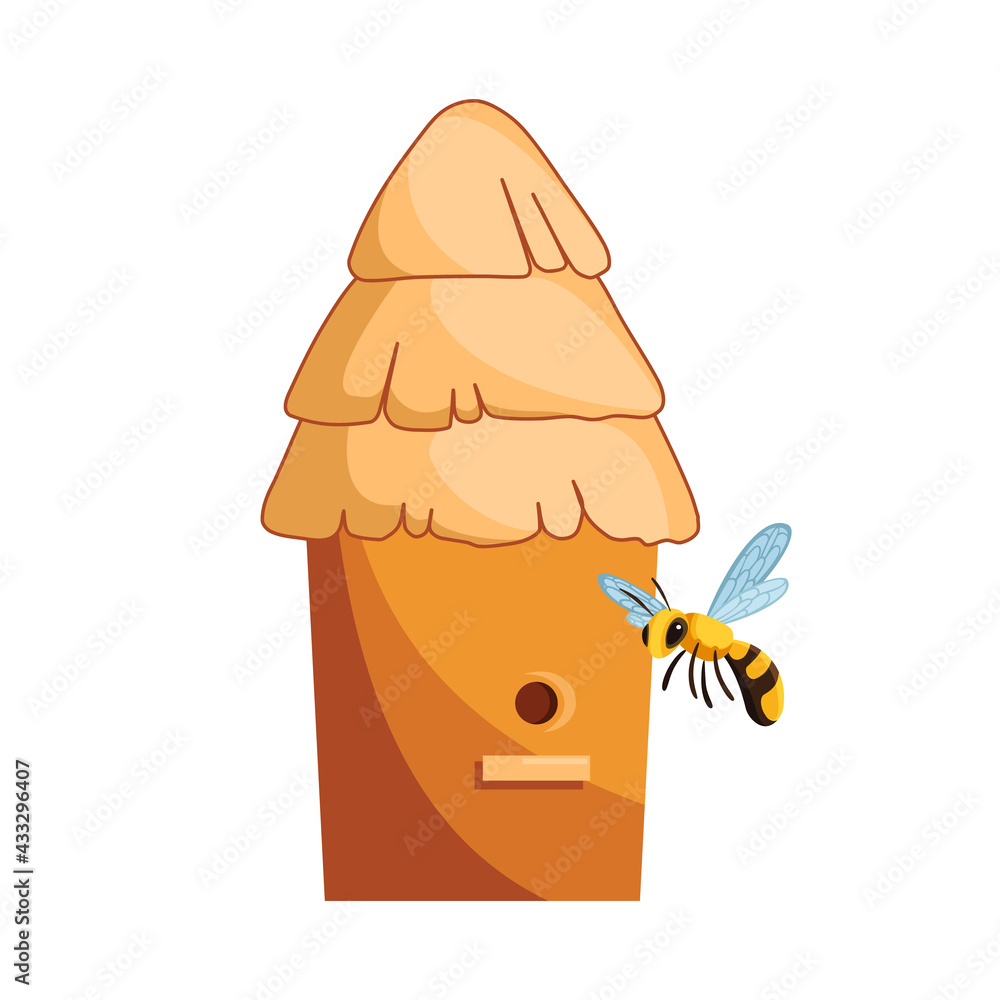 Traditional Wood Hive For Bees with bees around it. Illustration of a ...