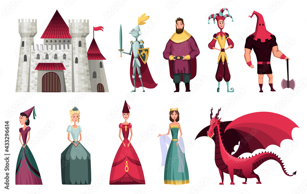 Fairy tales characters. Fantasy knight and dragon, prince and princess ...