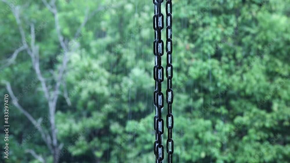 Tropical rain. Stream of water flows on drainage metal chain on blurred ...