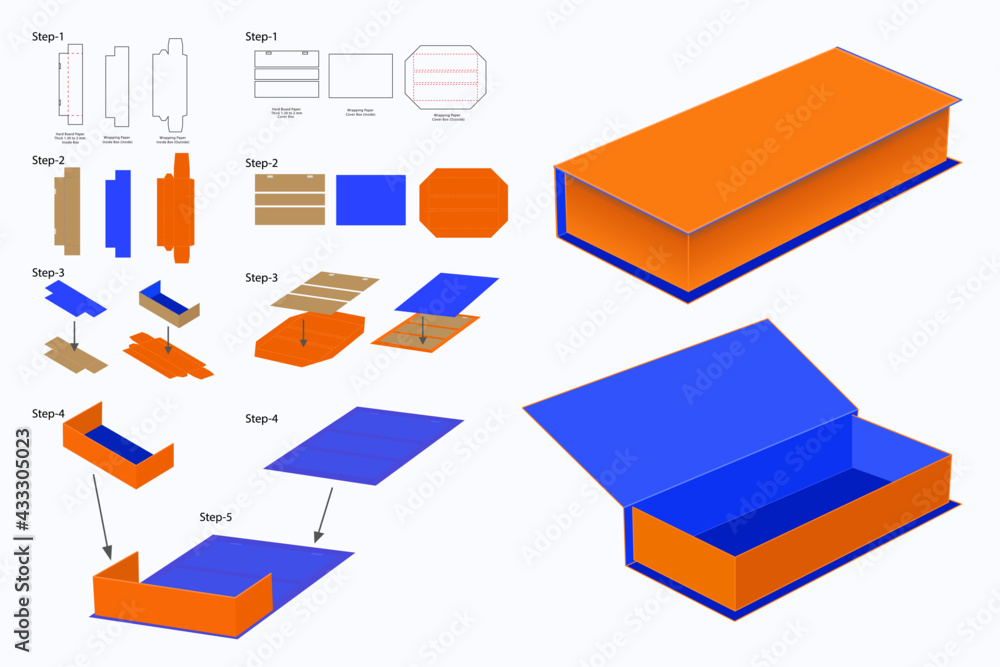 3 face rigid box assemble instructions and 3D render box Stock Vector ...