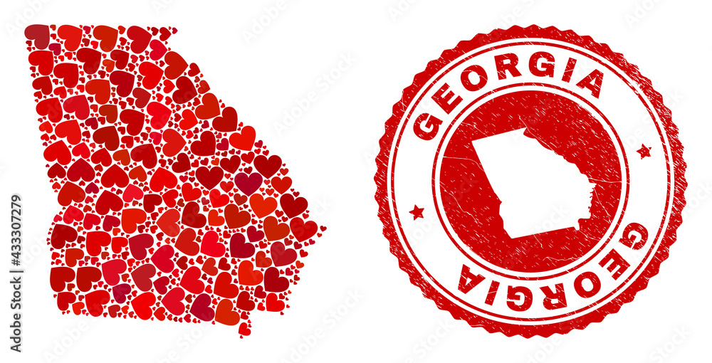 Collage Georgia State map created from red love hearts, and dirty seal ...