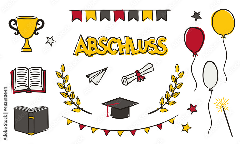 German Set of casually hand drawn graduation elements. Isolated doodle ...
