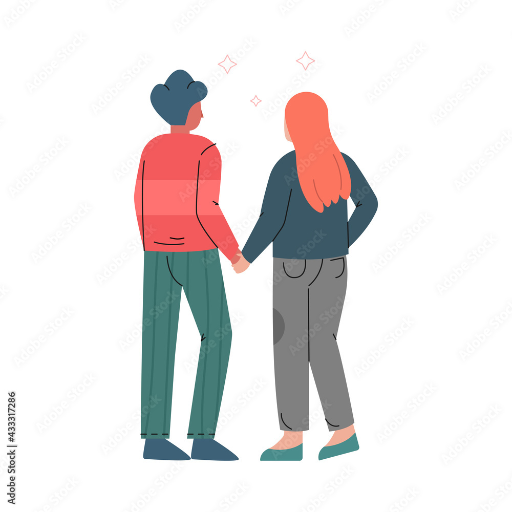 Happy Romantic Couple Walking Holding Hands Back View Vector ...