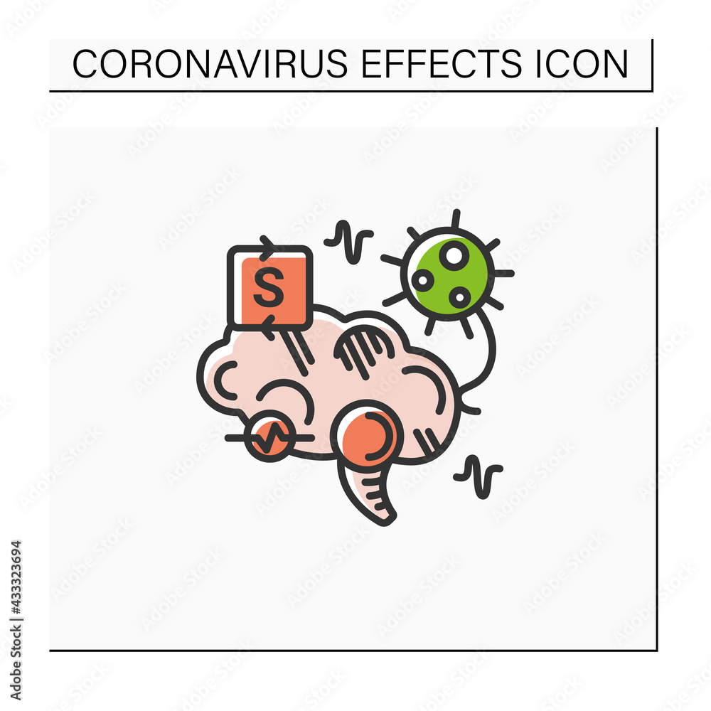 Neurological symptoms color icon. Covid disease molecule attack brain ...