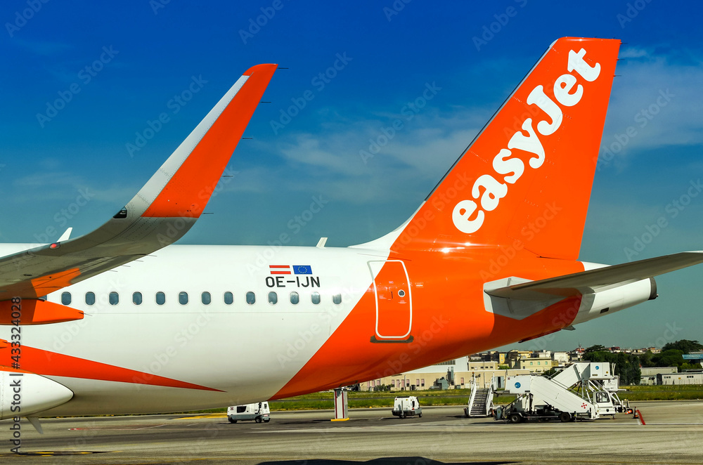 Naples, Italy - August 2019: Tail fin and winglet of an Easyjet Airbus ...