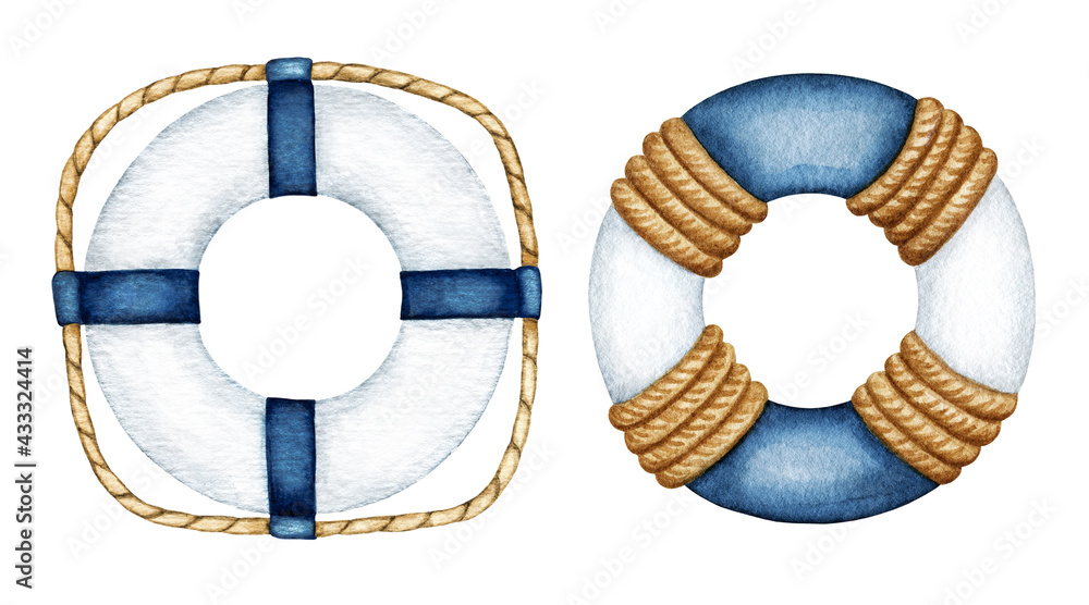 Watercolor blue white Life Buoy set. Safety ring with rope. Nautical ...