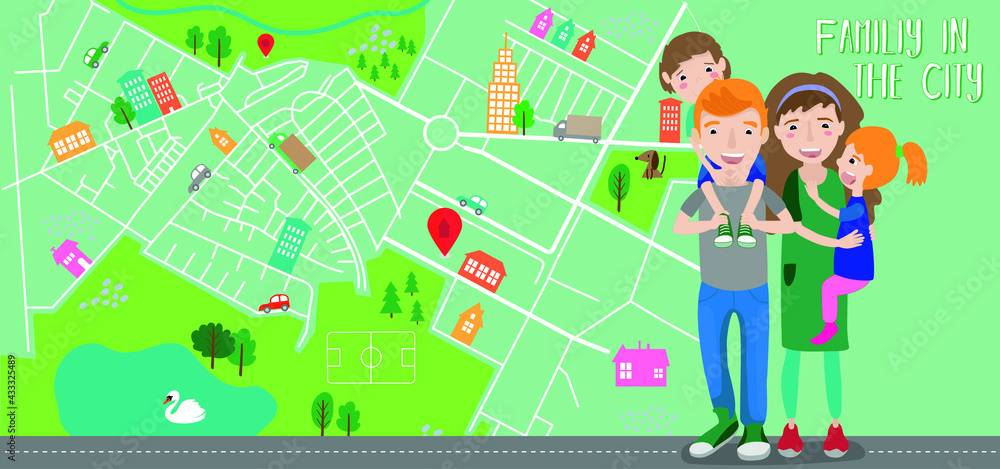 Cute map vector. Happy people, family with children, cute animals ...