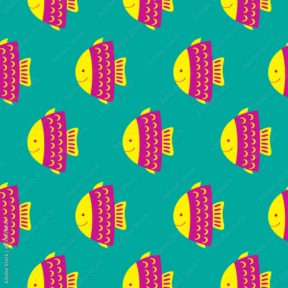 Cartoon seamless background with cute smiling fish. Vector endless ...