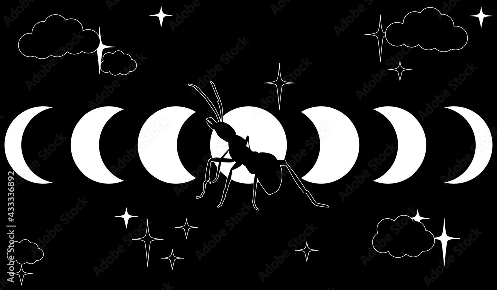 Ant in the full moon sky flat design vector illustration. Ant in a ...