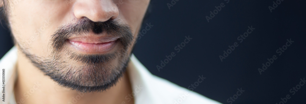face of people with beautiful mustache and dark copy space background ...