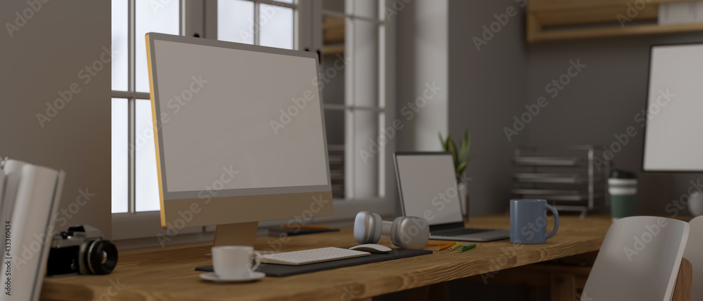 3D rendering, side view of computer monitor with mock-up screen and ...