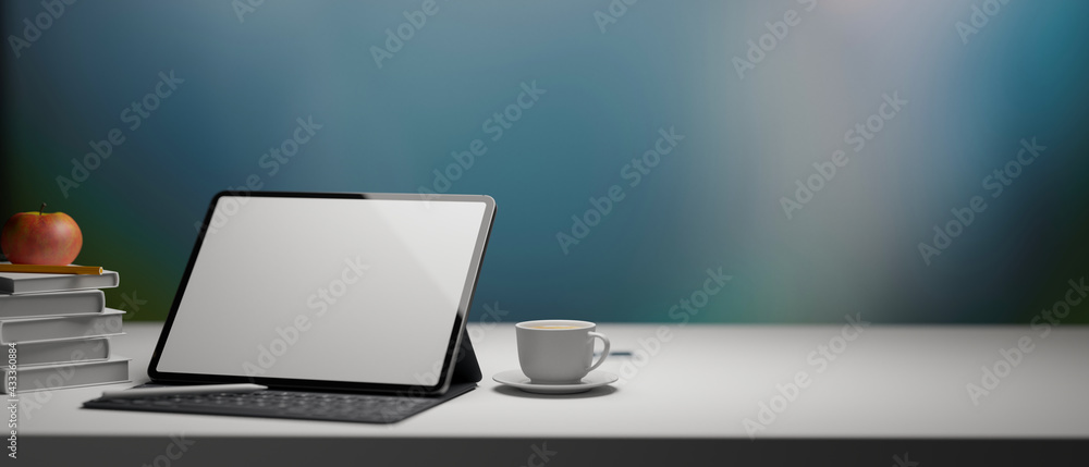3D rendering, digital tablet with mock-up screen and keyboard on white ...