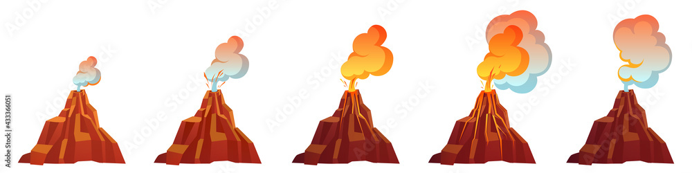 Volcanic eruption process in different stages. Volcano erupt with flow ...
