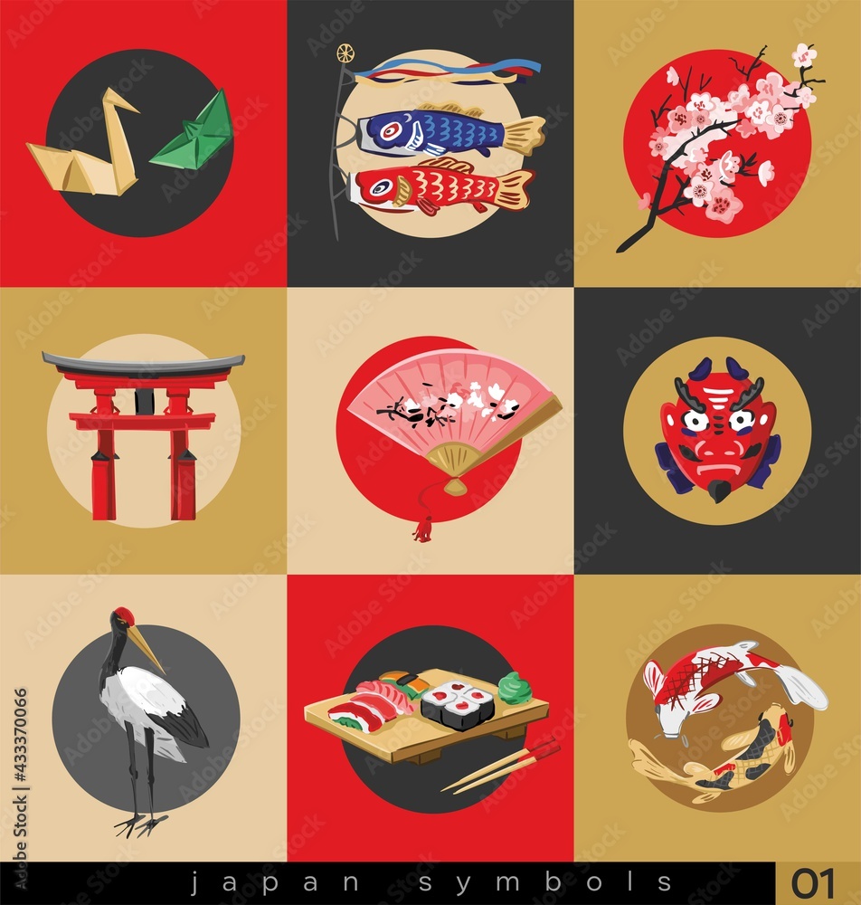 Set of decorative traditional Japanese symbols in the shape of a circle ...