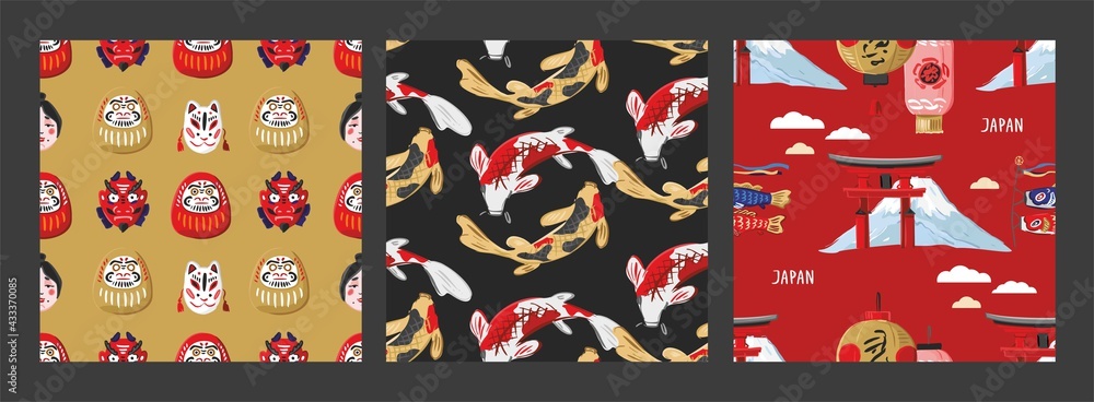 Set of seamless patterns with masks, pagoda, Asian elements. Collection ...