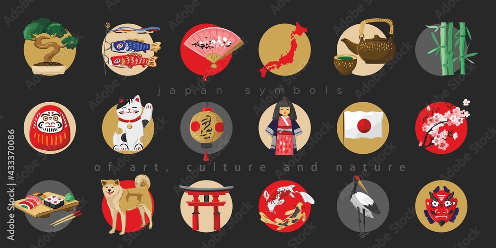Big set of decorative Japanese culture symbols of art, traditions ...