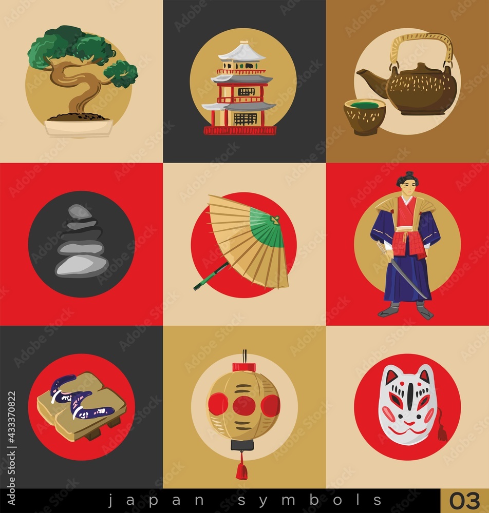 Set of decorative traditional Japanese symbols in the shape of a circle ...