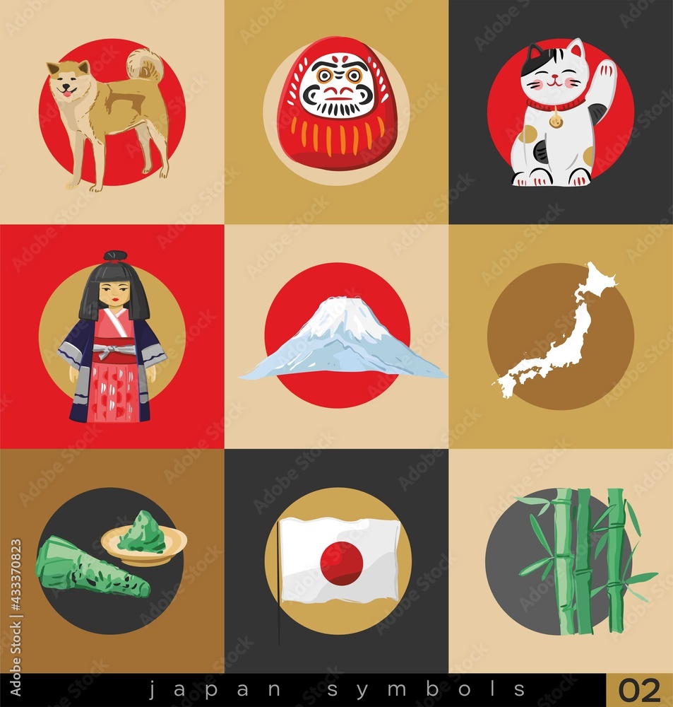 Set of decorative traditional Japanese symbols in the shape of a circle ...