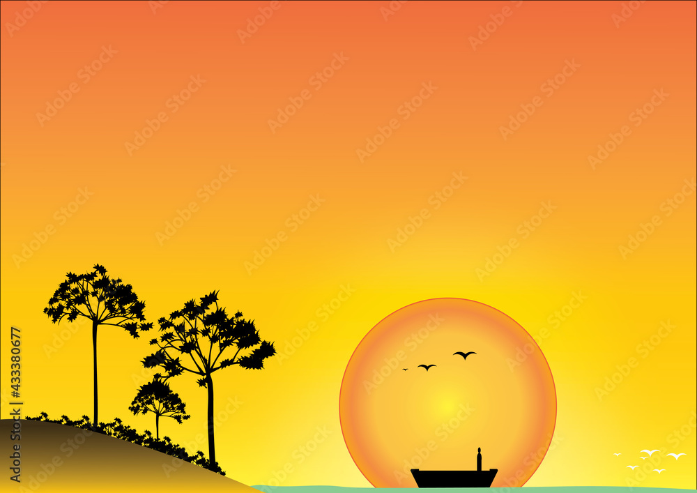 SUN DAWN VECTOR ART WITH FISHING BOAT Stock Illustration | Adobe Stock