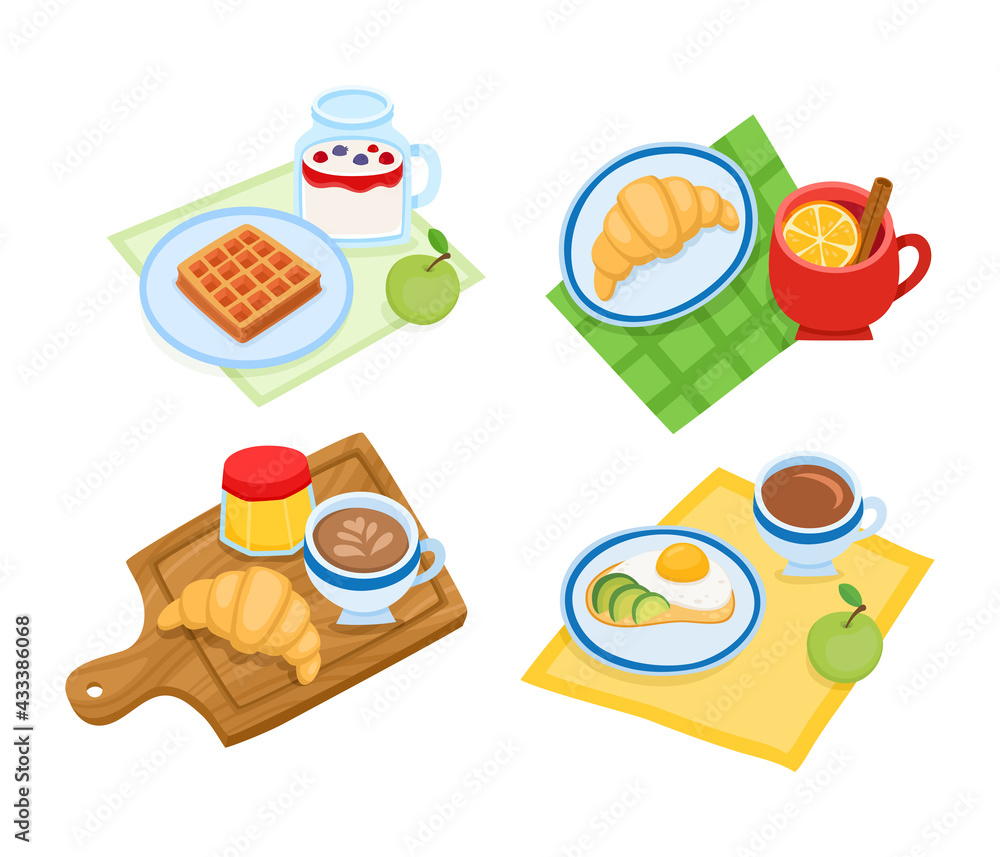 Cartoon set with different types of breakfast isolated on white Stock ...