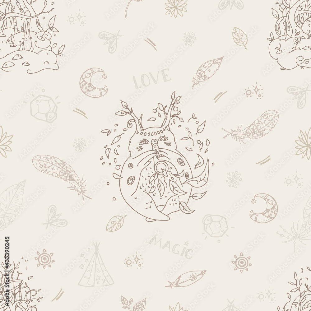 Seamless vector pattern - retro Boho style in outlines. Magical Forest ...