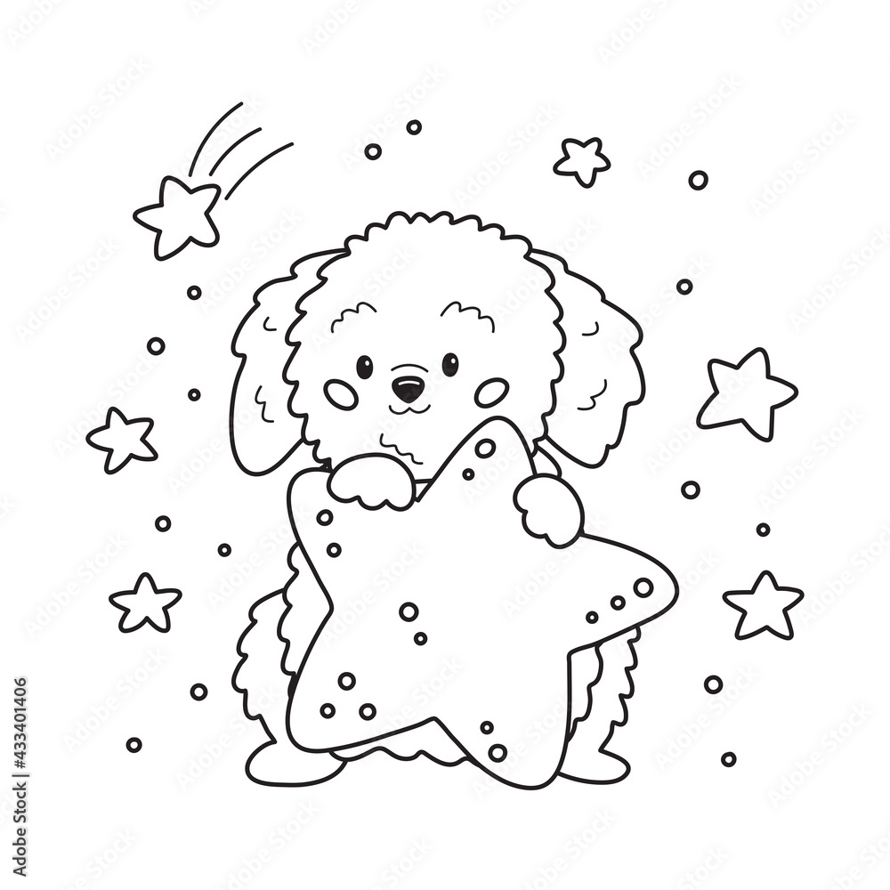 Cute cartoon dog with star. Coloring page for children. Outline vector ...