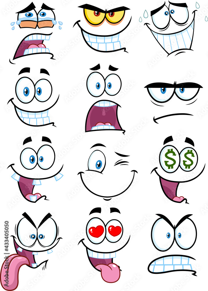 Cartoon Funny Faces. Vector Collection Set Isolated On White Background ...