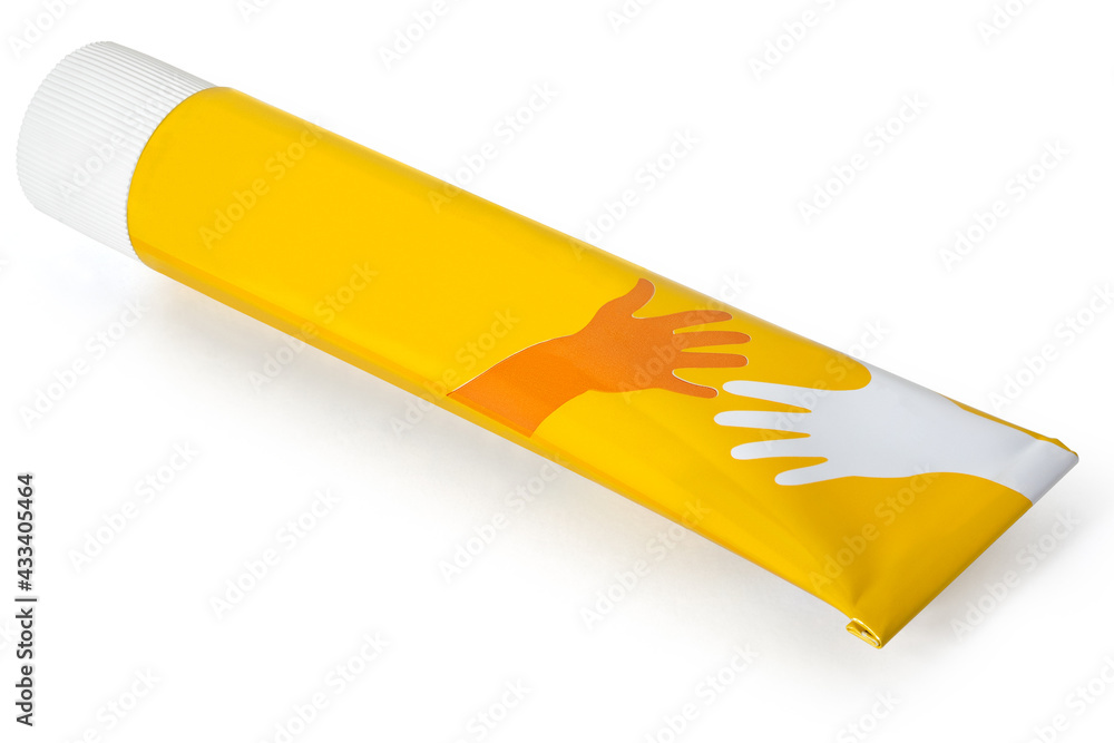 Yellow tube of ointment on a white background. View from above. Full ...