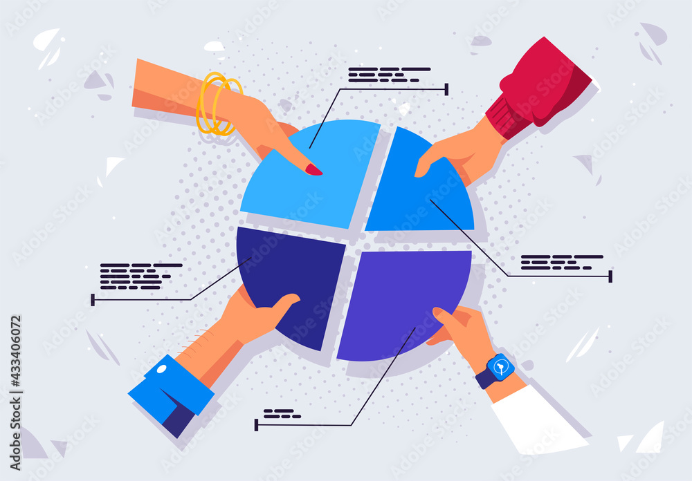 Vector illustration of hands holding pieces of a radial chart, top view ...